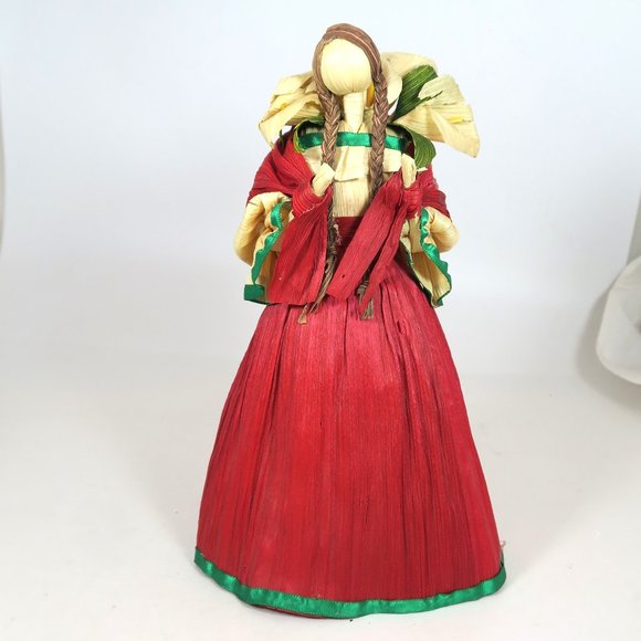 Art | Corn Husk Faceless Doll Women Wbraids Red Dress Carrying Lillies ...